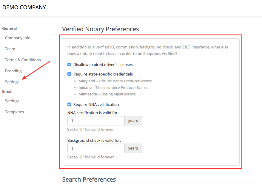 Snapdocs Verified Notary Preferences